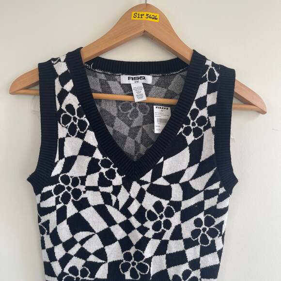 RSQ | Sweaters | Black And White Checkerboard Floral Sweater Vest ...